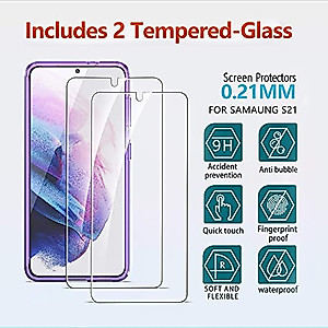 Ferilinso for Samsung Galaxy S21 Case, [NOT Fit S21+ Plus], with 2 Pack Tempered Glass Screen Protector [Hard PC Back TPU Flexible Frame] [Military Grade Protection] [10X Anti-Yellowing]-Purple Cover