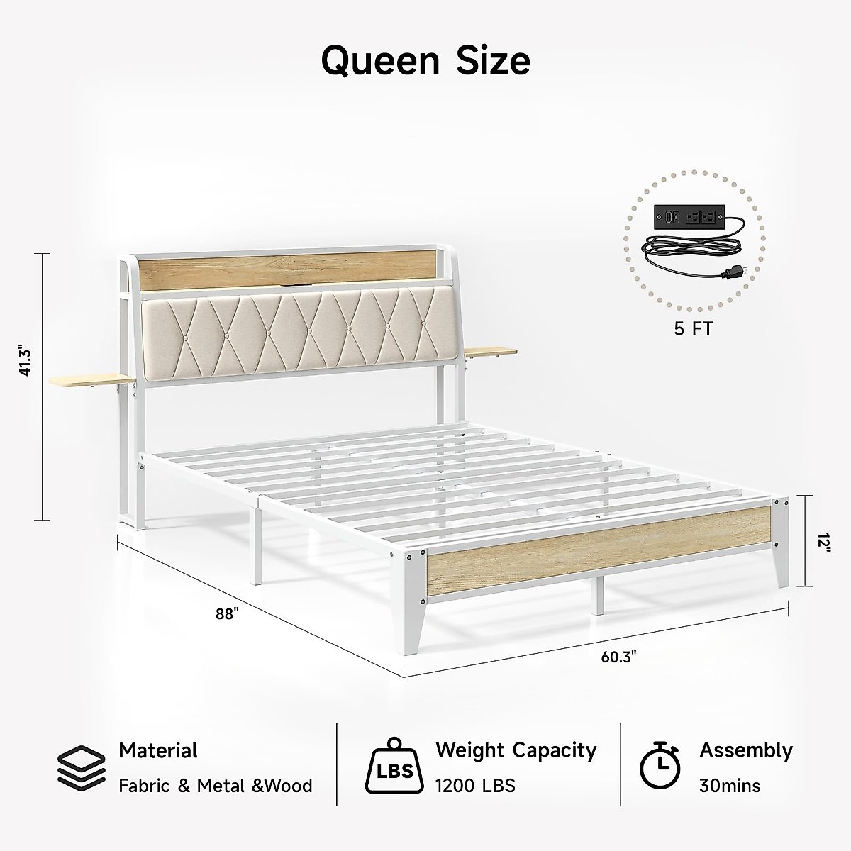 ONBRILL Queen Bed Frame with Side Storage Shelf, Ergonomic Upholstered Headboard with Charging Station, Queen Size Platform Bed Frame, Metal Slats Support, No Box Spring Needed, Easy Assembly, White