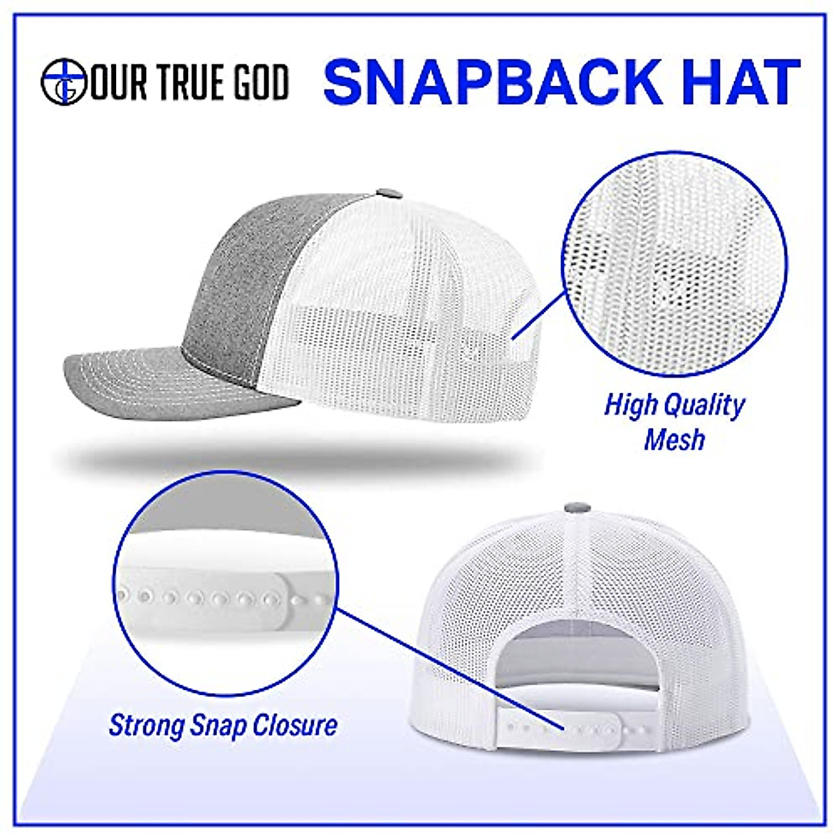 Our True God Faith Over Fear Back Mesh Hat Christian Inspirational Gift Baseball Cap (Heather Front/White Mesh) Medium-Large