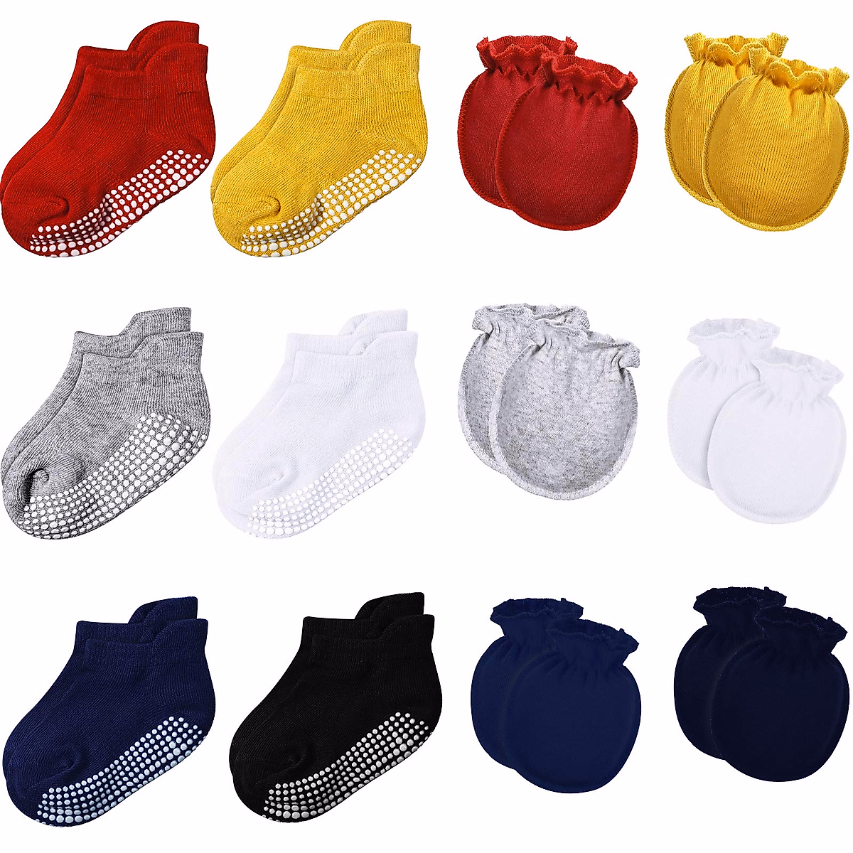 SATINIOR 12 Pairs Newborn Baby Mittens and Socks Set Baby Mittens No Scratch Cotton Gloves Non Slip Ankle Socks 0-6 Months(Multiple Colors)