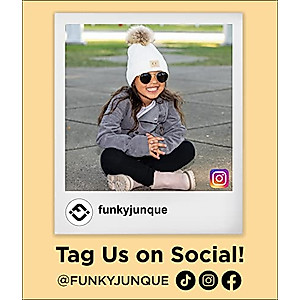 Funky Junque Girl's Knit Pom Beanie Hat: Diagonal Stripes Faux Fur Pom w/Patch (White)
