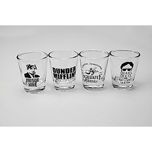 The Office 4 Piece Shot Glass Set (Dunder Mifflin, Prison Mike, Schrute Farms, and Bears, Beets, Battlestar Galactica))