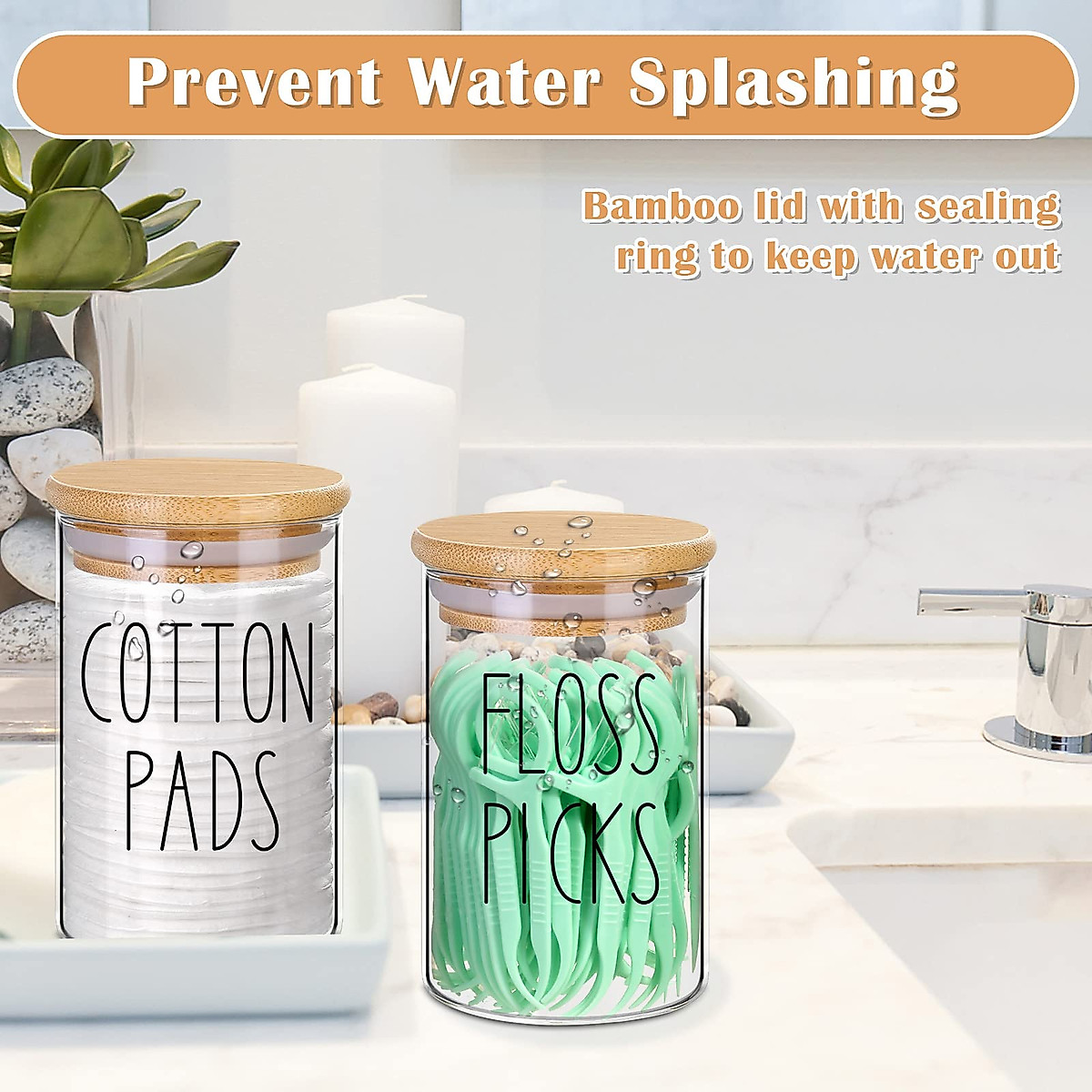 4 Pack Qtip Holder with Lid Set, 10oz Clear Glass Canister Apothecary Jars Bathroom Organizers and Storage Accessories Vanity Essential Containers for Cotton Swab, Cotton Ball, Cotton Pads, Floss Pick