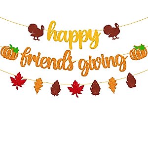 Happy Friends Giving Banner Fall Leaves Garland Thanksgiving Day Autumn Turkey Theme for Happy Friendsgiving Party Glitter Gold Decorations
