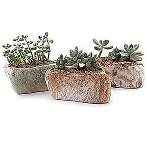 T4U 5.5 Inch Ceramic Succulent Pot Planter with Drainage Hole Set of 3, Stone Shape Rectangle Window Box Cactus Plant Containers Gift for Mom Sister Aunt Best for Home Office Table Desk Decoration
