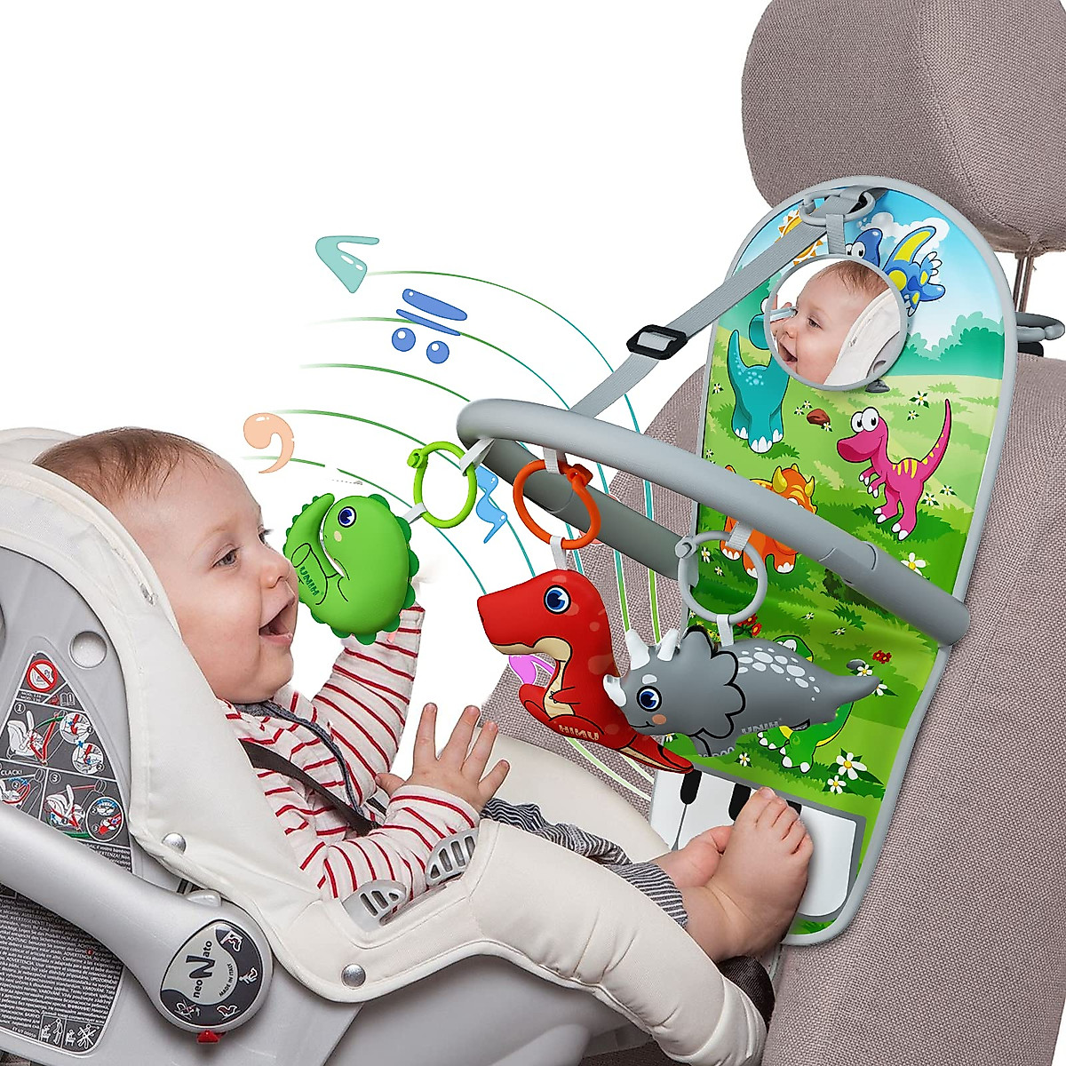 UNIH Car Seat Toys for Baby Infant 6 Months and Up, Pedal Piano Adjustable Carseat Toys with Music, Baby Mirror and Hanging Squeaky Sensory Soft Baby Toys 6 to 12 Months