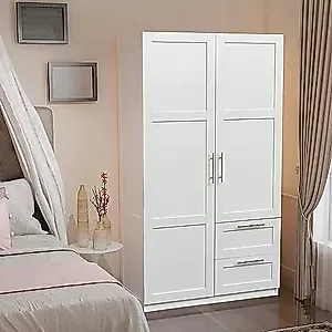 RIDFY Wardrobe Closet with 2 Doors,High Wardrobe and Kitchen Cabinet with 2 Drawers and Storage Shelevs,Bedroom Armoires with Hanging Rod, Foldable Clothes Organizer (40”W x 20”D x 71”H) (White)