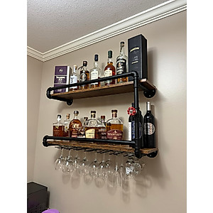 BOTAOYIYI Wine Rack Wall Mounted 2 Tier, Hanging Floating Bar Liquor Shelves with Glass Holder Storage Under, Industrial Rustic Pipe Farmhouse Kitchen Decor Black(35.4x10.6x19.7)