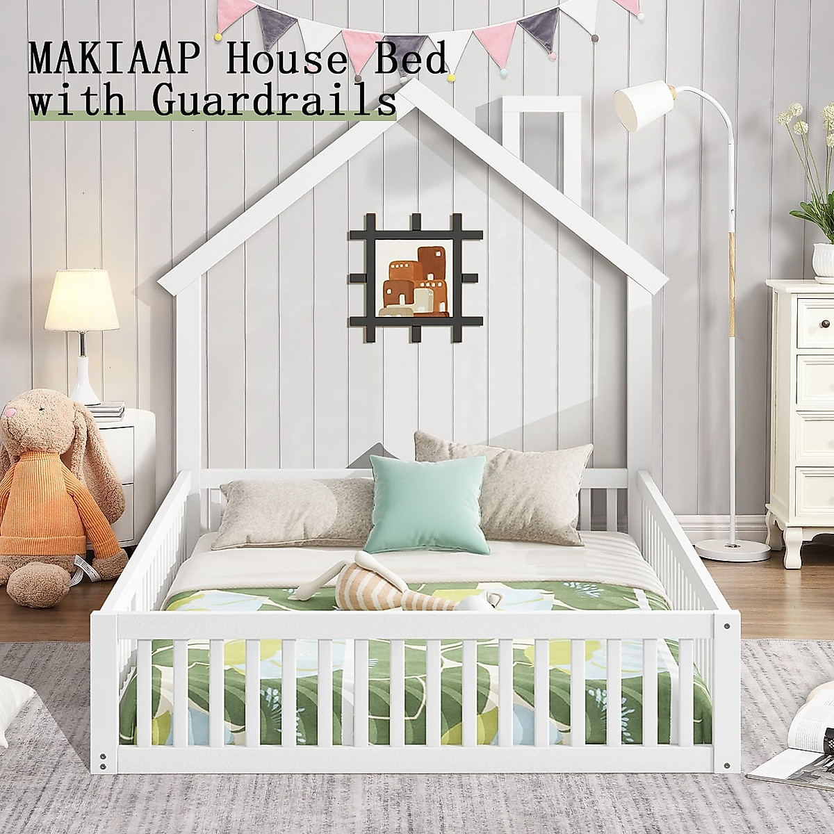 MAKIAAP Full Size Montessori Floor Bed Frame with 12 Inches Height Safety Guardrails and Door,Platform Bed Frame with House-Shaped Headboard for Girls, Boys, Wooden Slat Support, White