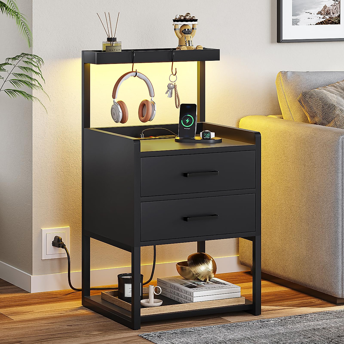 MSmask Black Night Stand with Charging Station, LED Night Stand with 2 Drawers and Open Storage Shelves, Modern Bedside Table with USB Ports&Outlets, End Side Table for Bedroom, Dorm