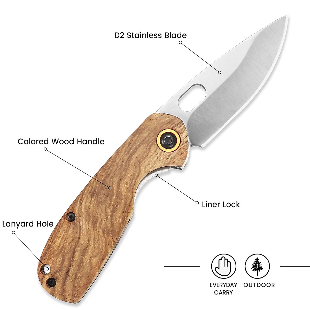 Kitory Pocket Knife 2.7"- EDC- Small Cute Folding Knife, D2 Stainless Sharp Blade with thick Wood Handle with Lanyard Hole, 2023 Gifts For Women and Men