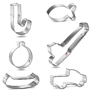 Fishing Cookie Cutter Set 6 Pc - Foose Cookie Cutters - USA Tin Plated Steel - Fishing Pole 6 in, Ornament Bobber 3 in, Canoe 4 in, Pick Up Truck 4 in, Fishing Hook 3.5 in, Small Cute Fish 3.25 in