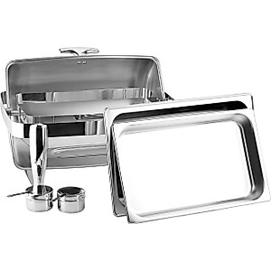 CHEFQ Virtuosa Stainless Steel Oblong 8QT Chafer, Roll-top Set Includes Food Pan, Water Pan and Fuel Holders – Durable, shiny silver, keeps food warm in catered events + CHEFS APRON