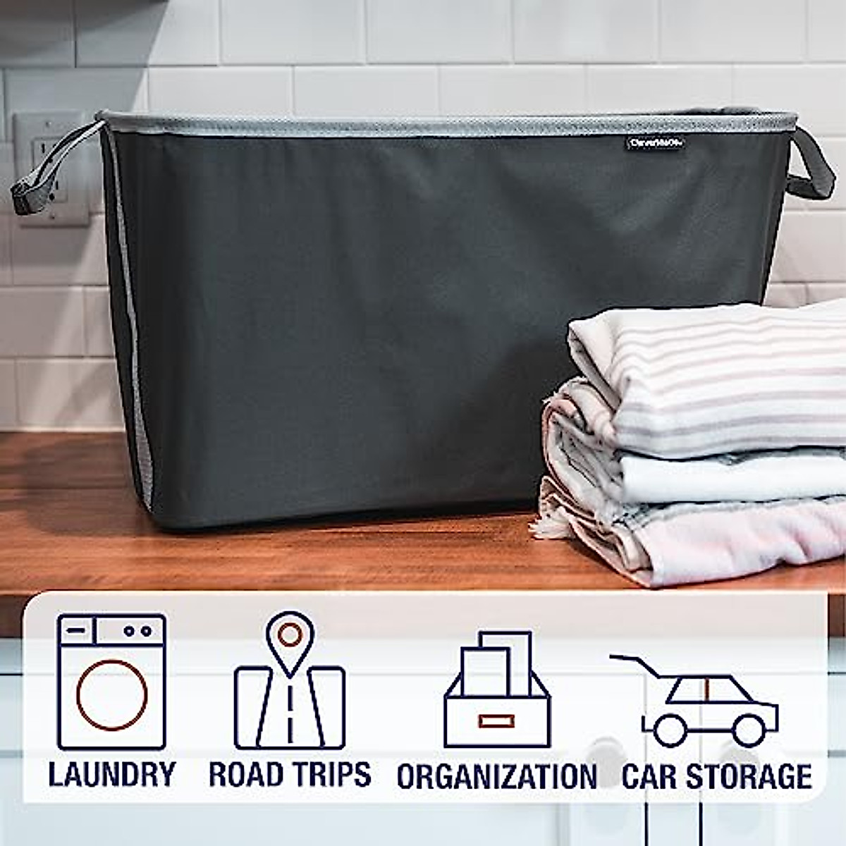 CleverMade Collapsible Fabric Laundry Basket - Foldable Pop Up Storage Bin - Space Saving Hamper with Carry Handles Large, Charcoal/Grey, 2 Pack