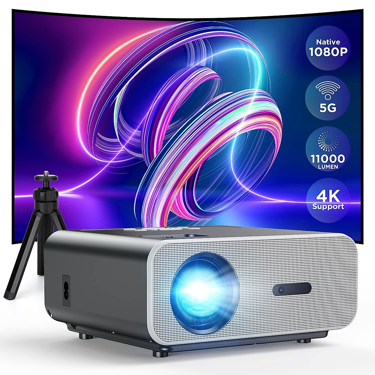 Native 1080P Projector 4K Support, 5G WiFi Bluetooth Portable Projector with Tripod, 11000L Movie Projector, 300" Display Home Projector Compatible with HDMI/TV Stick/iOS/Android/PS5