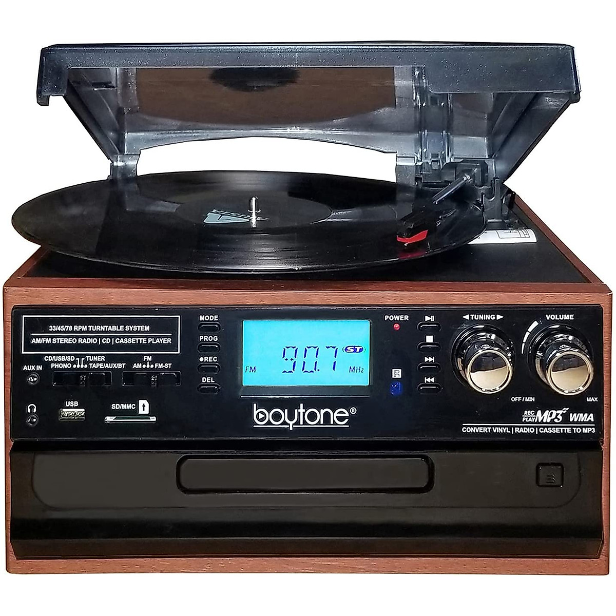Boytone BT-22MS, Bluetooth Record Player Turntable, AM/FM Radio, Cassette, CD Player, 2 Built in Speaker, Ability to Convert Vinyl, Radio, Cassette, CD to MP3 Without a Computer, SD Slot, USB, AUX
