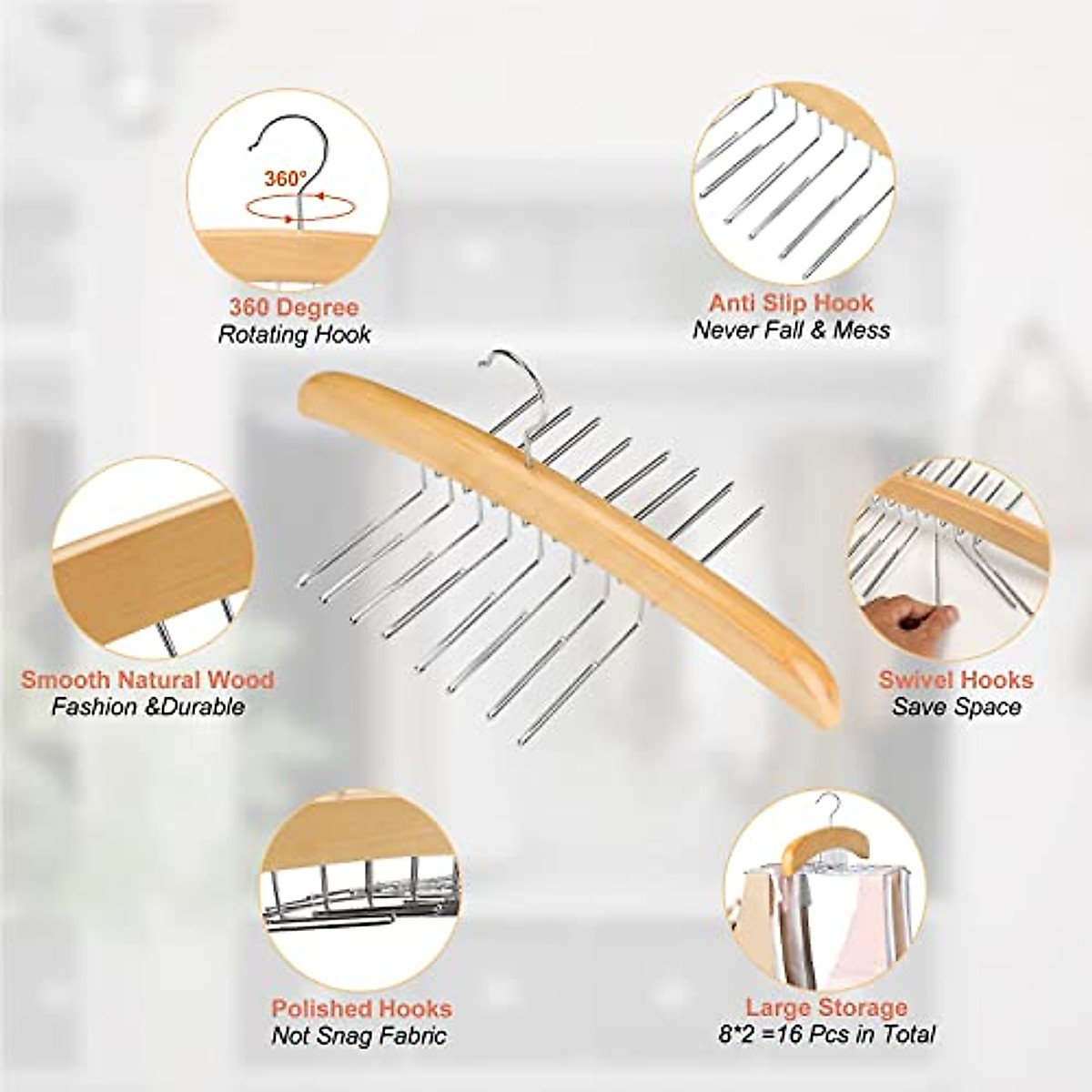 Bra Hanger Organizer with Premium Wood, 16 Large Capacity, Space Saving, 360° Rotating, Foldable Metal Hooks, Resovo Bra Closet Organizer for Bras, Tank Tops, Bathing Suits, Ties-Wood
