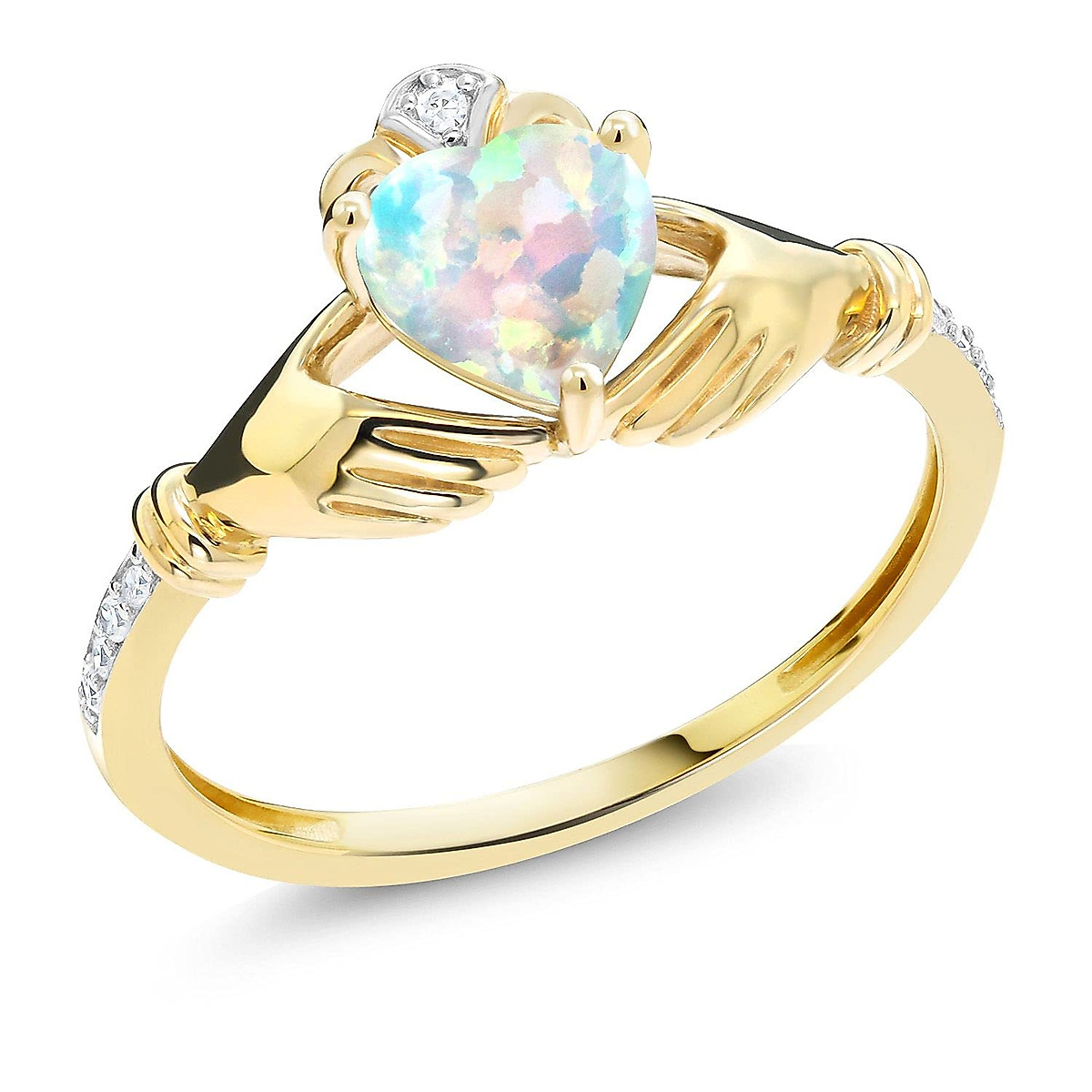 Gem Stone King 10K Yellow Gold Irish Celtic Claddagh White Simulated Opal and Diamond Accent Ring For Women (0.81 Cttw, Available in size 5, 6, 7, 8, 9)
