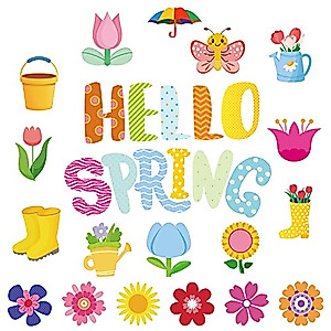 68 Pcs Hello Spring Cut Outs with 100 Pcs Glue Points Spring Floral Cut Outs Spring Bulletin Board Set Flower Plants Spring Cutouts Bulletin Board Decorations for Classroom School Game (Fresh Style)