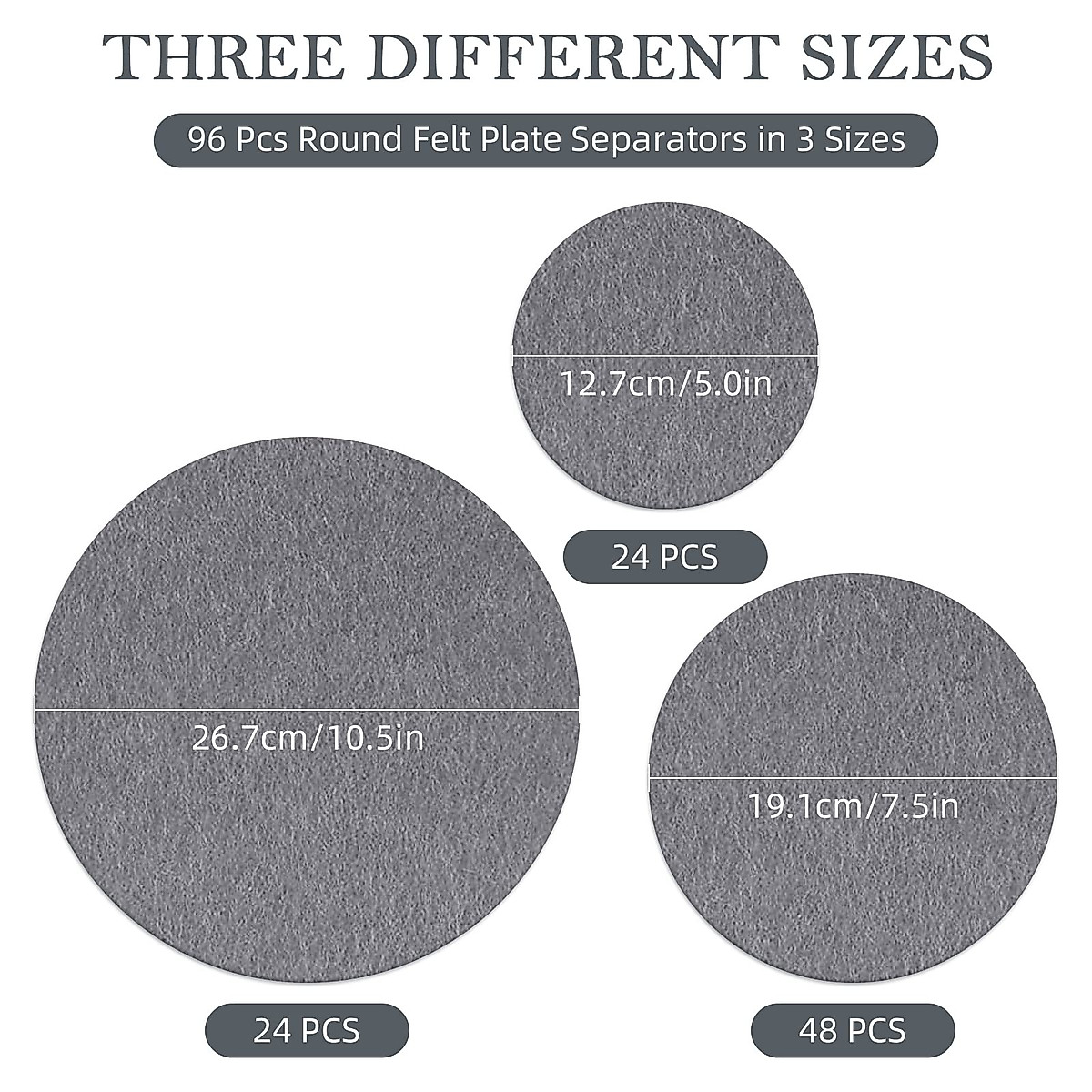 96 Pack Felt Plate Dividers Protectors, Thick Felt Round Plate Separators Pads China Dish Storage Protectors Pads with 3 Sizes for Packing Stacking Porcelain Cookware, Grey