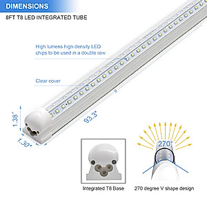 10-Pack 8ft LED Shop Light Fixture - 90W T8 Integrated LED Tube Light - 6500K 12000LM V-Shape Linkable - High Output - Clear Cover - Plug and Play - 270 Degree Lighting for Garage, Shop, Barn