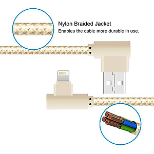 3 Pack Apple MFi Certified iPhone Cable Right Angle Lightning Cable (3/3/3FT) Nylon Braided 90 Degree Charging Cord Charging Data Sync for iPhone 13/12/11/11Pro/Xs Max/X/8/7/Plus/6S/6/SE/5S iPad Gold