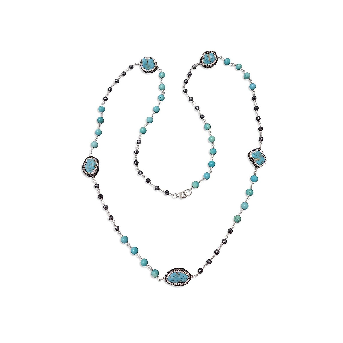 MGR MY GEMS ROCK! Hand Crafted Natural Gemstone Turquoise Color Baroque Turquoise Druzy and Hematite Wire Wrapped and Wire Twisted Long or Double Strand Station Necklace for Women or Men, 33" long.