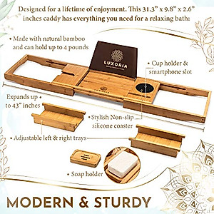 LUXORIA Expandable Bathtub Tray | Water Resistant Bamboo with Bath Accessories | Non-Slip, Luxury Bathroom Caddy Organizer for Tub with Glass Dish Phone Holder | Plus Free Soap Holder