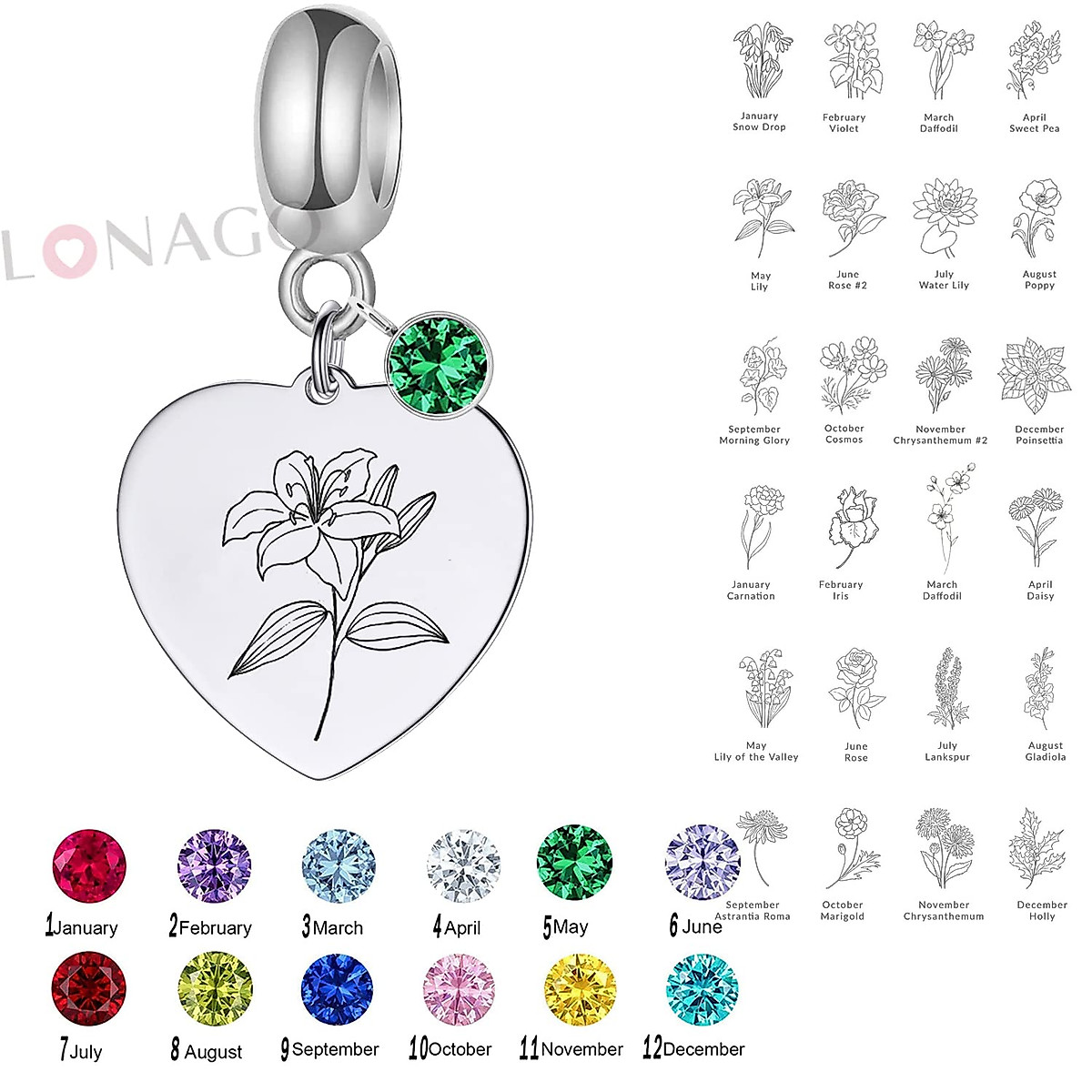 LONAGO Birth Flower Heart Charm Custom Name Charm Bead for Bracelet, Personalized Month Floral Bead Charm Birthday Gift for Women (Sterling Silver-silver color)