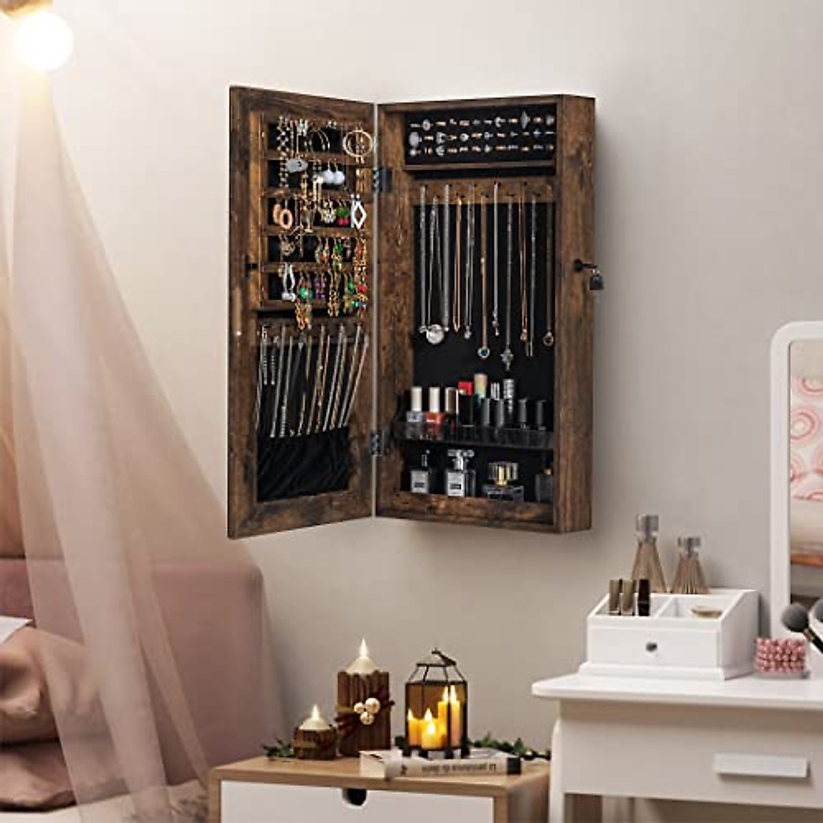 Lavievert Lockable Jewelry Cabinet Armoire with Frameless Mirror, Wall/Door Mounted Space Saving Jewelry Display Organizer with Lipstick Compartments - Rustic Brown