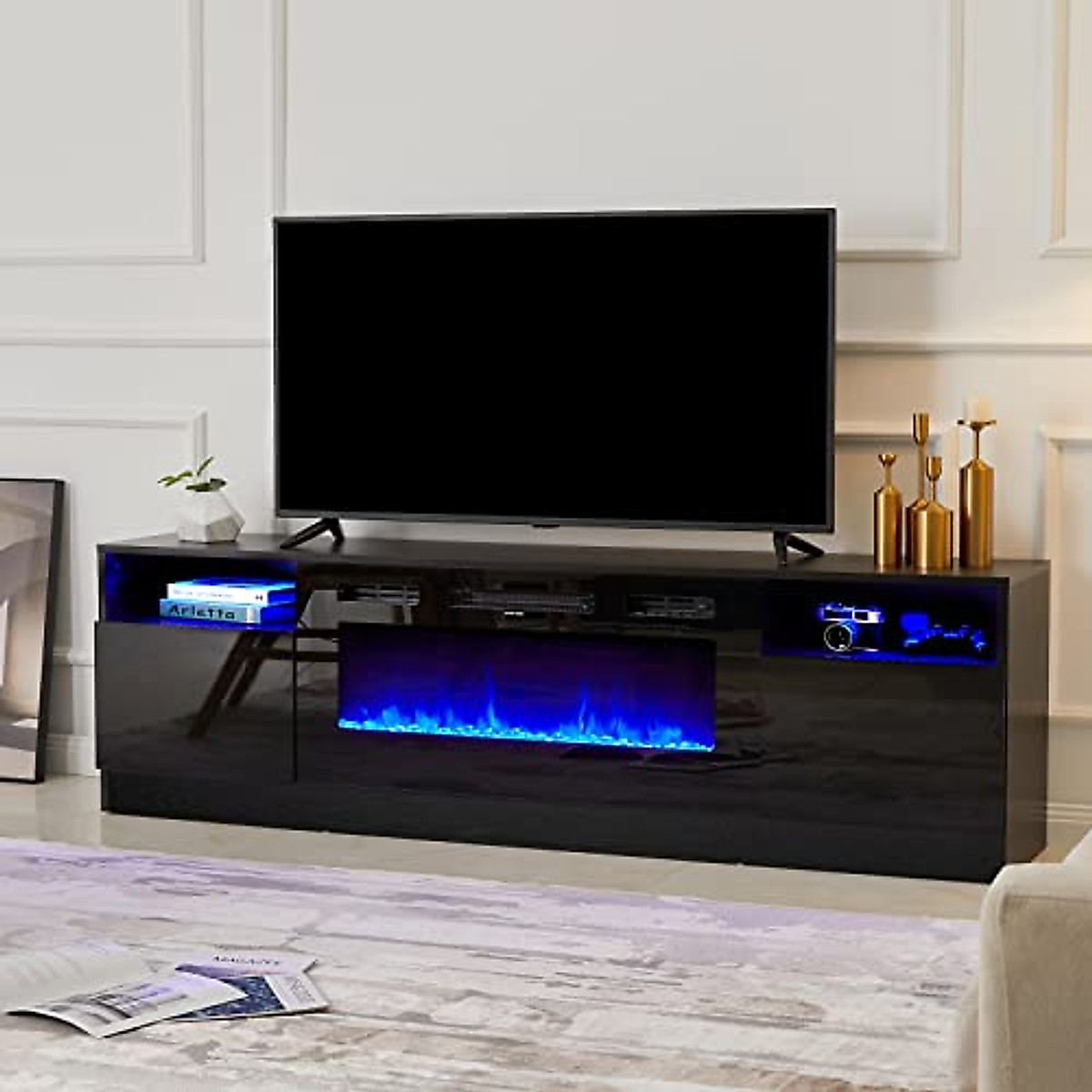 Amerlife Fireplace TV Stand with 36" Electric Fireplace, LED Light Entertainment Center, Modern Wood Texture Entertainment Stand with Highlight Storage Cabinet for TVs Up to 80", 70 inches, Black