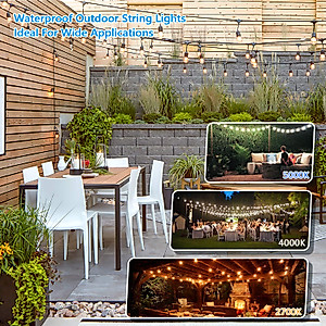 3 Color Dimmable LED Outdoor String Lights with Remotes, 48FT Waterproof Patio Hanging Lights with Shatterproof E26 S14 LED Bulbs for Bistro Cafe Pergola Party, Warm White/Nature White/Daylight White