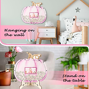 YLOLUL 62 Pcs Pumpkin Baby Shower Guest Book Alternatives Set Fall Baby Shower Guestbook Photo Frame with Wood Pumpkin Slices Rustic Guest Book Alternative for Baby Boy Birthday Party (Pink)