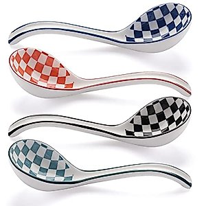 Porcelain Soup Spoons Asian Soup Spoon Set of 4 Large Chinese Soup Spoon Curved Handle Korean Ramen Spoons for Pho Ramen Noodles Wonton Dumpling Rice (Model 3#)