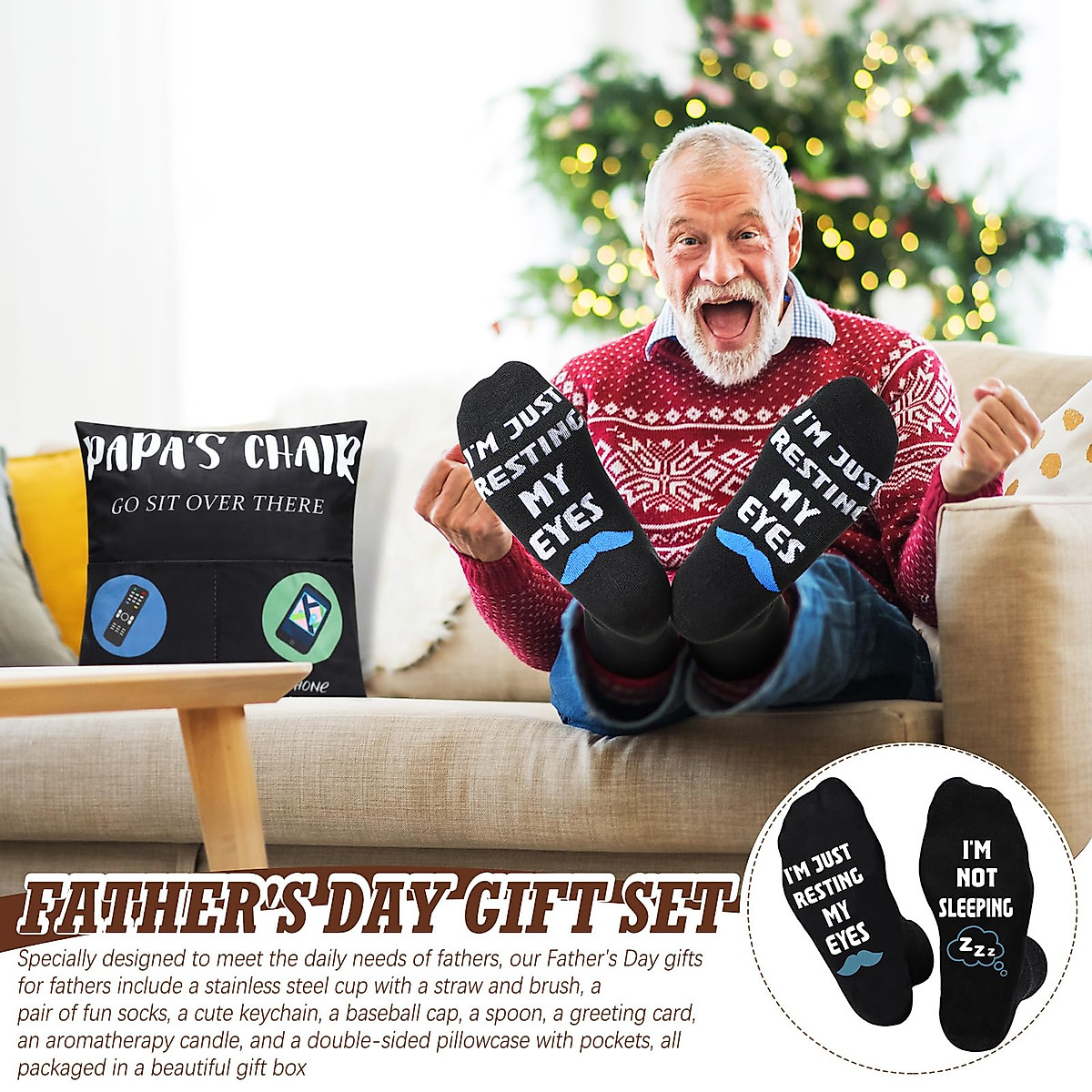 VitalCozy 9 Pcs Papa Gifts for Christmas Grandpa Birthday Gifts from Grandkids Daughter Include Pillow Cover Tumbler Spoon Keychain Socks Hat Card Scented Candle Gift Box for Dad Papa Thank You Gifts