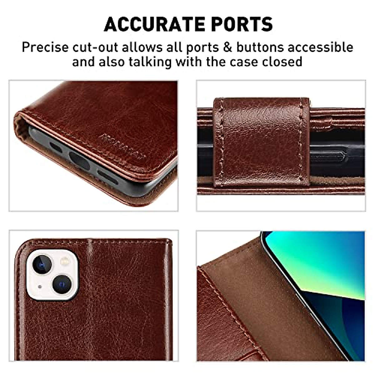 MONASAY iPhone 13 Mini Wallet Case, [Glass Screen Protector Included] [RFID Blocking] Flip Folio Leather Cell Phone Cover with Credit Card Holder for Apple 13 Mini, 5.4-inch Brown