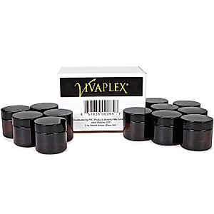 Vivaplex, 12, Amber, 2 oz, Round Glass Jars, with Inner Liners and black Lids