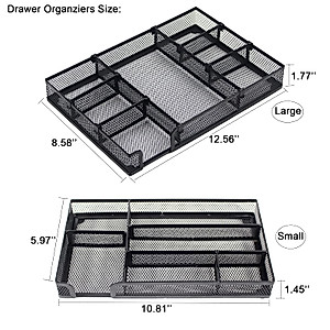 ROSROSE 2 Pack Desk Organizer Trays - Small & Large Office Drawer Organizers w/6 Adjustable Compartments, Metal Mesh Storage Set for Office Supplies & Home