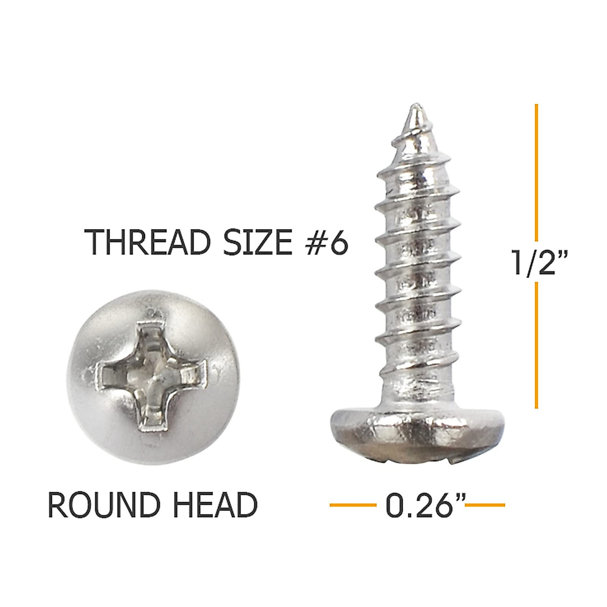 Jigreat #6 x 1/2" Pan Head Wood Screws Stainless Steel 304 (18-8) Phillips Drive 100 Pieces Round Head Full Thread SS Screw