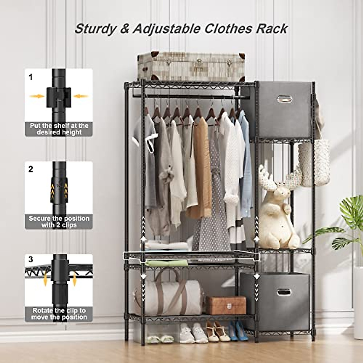elifine Heavy Duty Clothes Rack, Metal Clothing Rack with Shelves and 2 Fabric Drawers, 6 Tiers Clothing Racks for Hanging Clothes Garment Rack Free Standing Clothes Racks (Black)