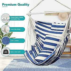 Hammock Chair, Hanging Chair with 3 Cushions and Foot Rest Support, Durable Metal Spreader Bar Max 440 Lbs, Swing Chair for Bedroom, Indoor & Outdoor, Patio, Porch or Tree（Blue and White）