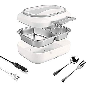 CTSZOOM Electric Lunch Box Food Warmer for Car Truck and Home Portable Food Warmer Heater 3 compartment Container with Spoon and Fork Lunch Box White