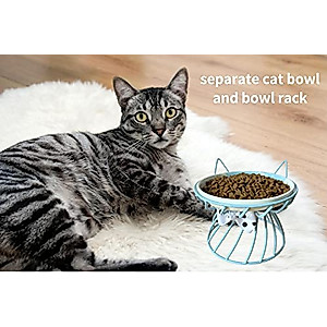 Raised Cat Food Bowl ,Elevated Cat Feeder Bowl Stand, Food & Water Cat Bowl, Shallow Ceramic Cat Dish, Whisker Friendly No Spill Water Bowl for Cats