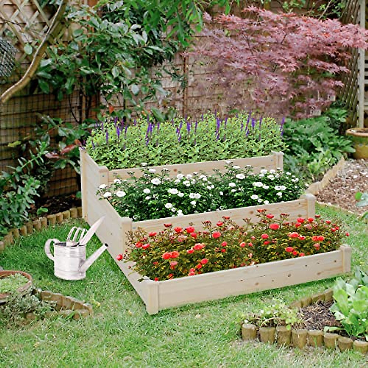 Crownland Outdoor 3 Tier Raised Garden Bed, 4x4 Ft Wooden Raised Beds, Elevated Grow Kit Garden Planter Box, Ideal Vegetables Herbs Planter for Backyard