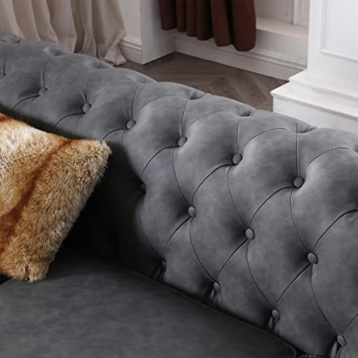 LUMISOL 88" Modern 3 Seater Sofa, Faux Leather Chesterfield Sofa with Rolled Arm, Tufted Upholstered Couch with Nailhead for Living Room, Apartment (Dark Gray)