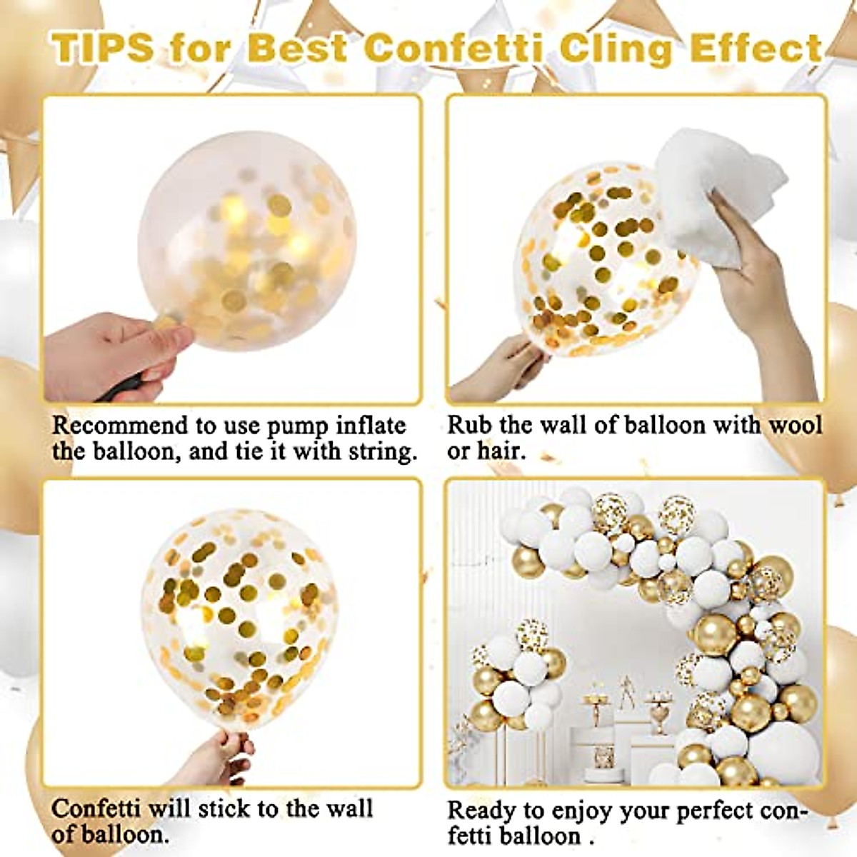 RUBFAC 104pcs Gold and White Balloons Garland Arch Kit with Gold Confetti Balloons for Baptism Wedding Birthday Party Decoration