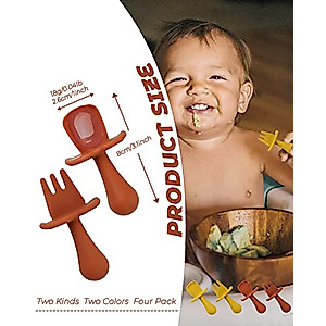 4 Pcs Baby Spoons Self Feeding 6 Months, Silicone Baby Spoons First Stage, Toddler Utensils for Baby Led Weaning with 2 Cases (Caramel, Tumeric)