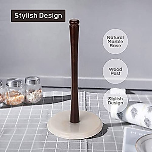 Marble Paper Towel Holder Countertop for Kitchen, Wood Paper Towel Holder Stand with No Wobbly Natural Marble Base, One Hand Pull & Tear - Black Brown