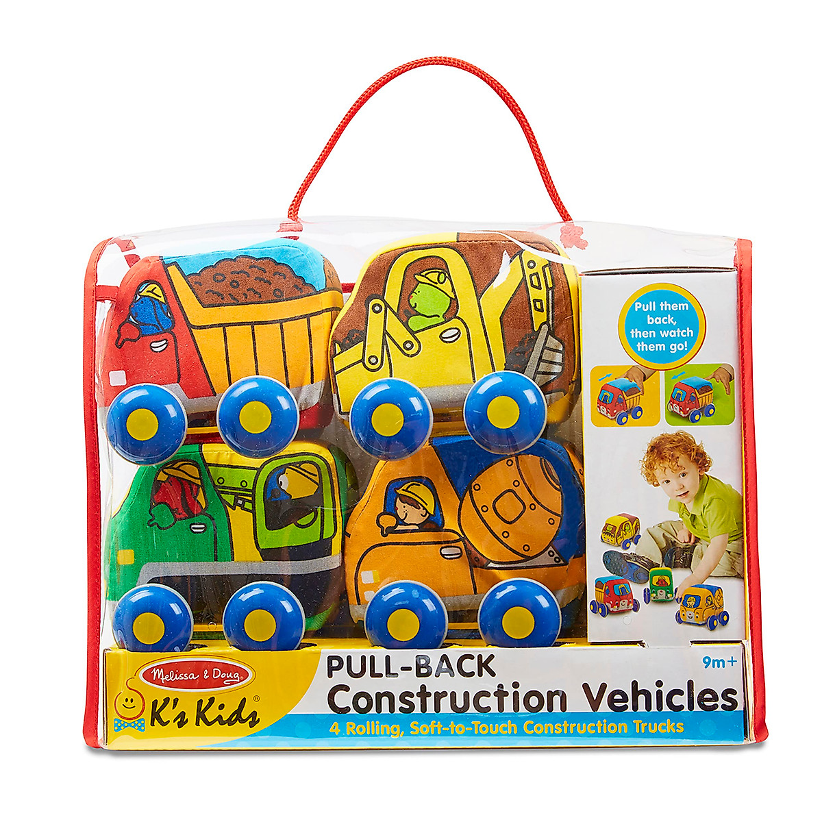 Melissa & Doug Pull-Back Construction Vehicles - Soft Baby Toy Play Set of 4 Vehicles - Cars For Infants, Construction Toys, Pull Back Cars For Babies Ages 9m+
