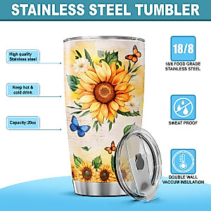JENOIS Flower Floral Cups, Sunflower Gifts, Sunflower Inspirational Quotes, Tumbler 20 Oz With Lid And Straw